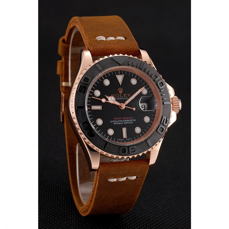 Rolex Yacht Master Black Dial Roségold Brown-Leder-Armband 1453861 ...